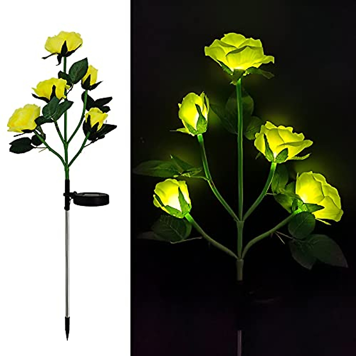 KAQ 2PACK-Outdoor Halloween Solar Garden Flower Lights with 5 Rose Flowers, Upgraded LED Solar Rose Lights with Stake, Waterproof Solar Decorative Lights for Wedding Halloween Decorations (Yellow)