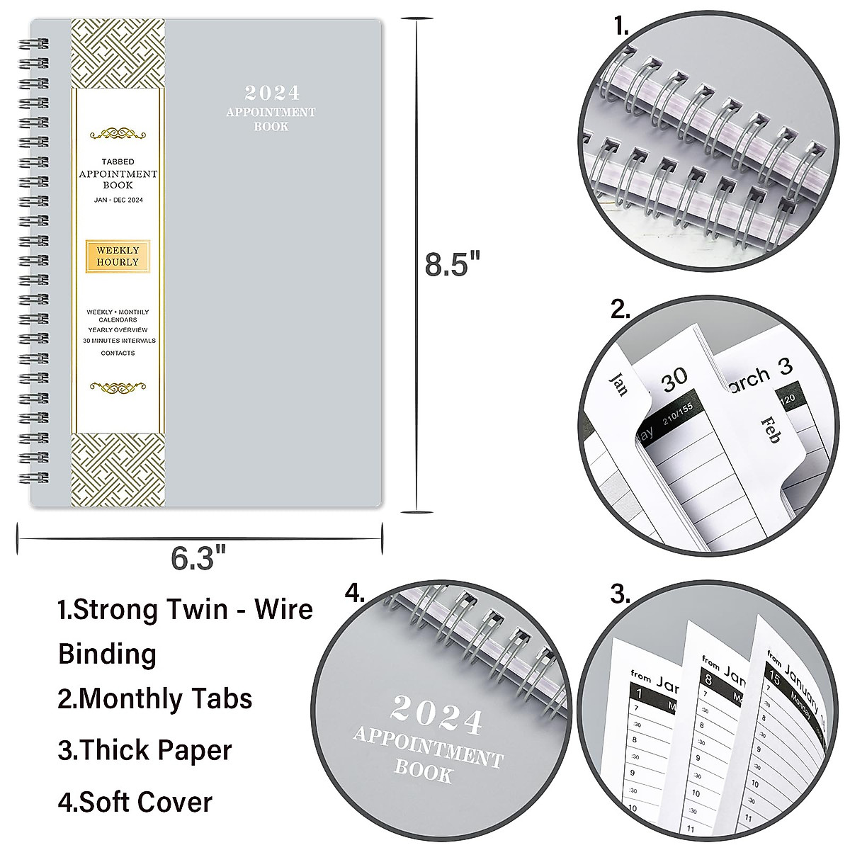 2024 Weekly Appointment Book/Planner - Jan 2024 - Dec 2024, 2024 Daily Hourly Planner, 6.3" x 8.5", Half Hour (30 Mins) Interval, Tabs, Strong Binding, Lay-Flat, Two-Side Pocket, Thick Paper - Gray