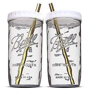 Reusable Wide Mouth Smoothie Cups Boba Bubble Tea Cups with Lids and Gold Straws Mason Jars Glass Cups (2-pack, 24 oz )