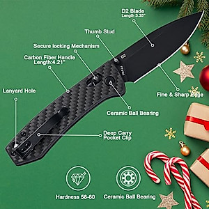 FreeTiger EDC Knife for Men - Folding Pocket Knife D2 Steel Black Titanium Plating, Carbon Fiber Handle, Secure Lock Design for Survival Camping, Gifts for Men