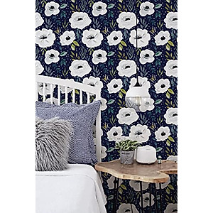 HAOKHOME 93245-3 Peel and Stick Floral Wallpaper Home Decor Removable Navy/White/Blue Vinyl Self Adhesive Mural 17.7in x 9.8ft