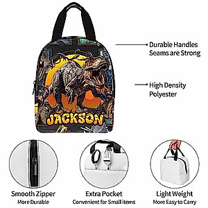 InterestPrint Customized Boys Bookbag with Lunch Bag, Personalized Grey Framed Dino Knapsack Backpack Custom Backpack and Lunch Box for Son Grandson Nephew Birthday