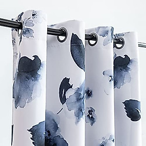 Taisier Home 84 Inch Grommet Room Darkening Window Curtain Drapes, Chinese Traditional Ink Painting Stylized Leaves and Flower,Artwork,Deep Blue Print Curtains for Living Room Bedroom and Nursery