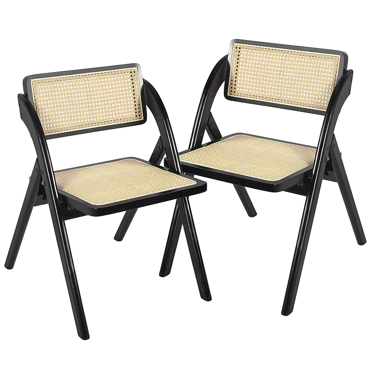 Bekrvio Folding Chair Solid Wood Rattan Chairs Set of 2, Mid-Century Modern Rattan Dining Chairs with Cane Back Handmade for Living Room Bedroom, Garden Balcony, Office, No Assembly Required (Black)