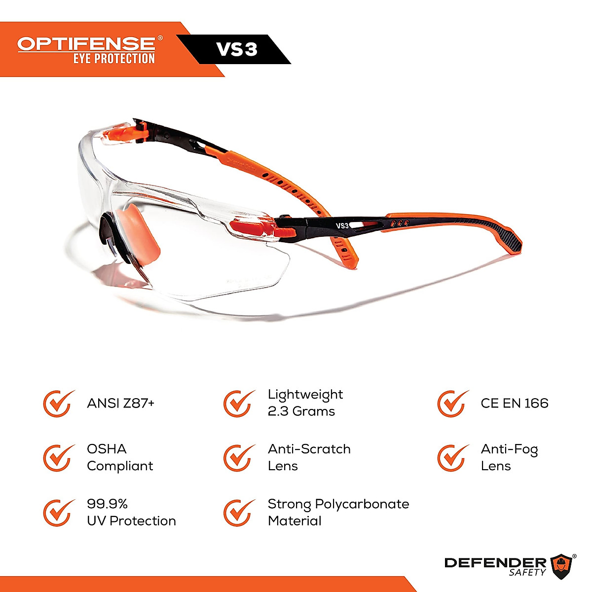 OPTIFENSE™ VS3 Anti Fog, Premium CLEAR/TINTED Safety Glasses, ANSI Z87+(Blue Frame, Clear Lens)