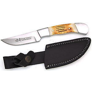 Wild Turkey Handmade Collection Full Tang Camel Bone Handle Fixed Blade Hunting Knife w/Leather Sheath Outdoors Fishing Camping Hunting … (Burnt Bone)