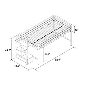 DHP Junior Twin Metal Loft Bed with Storage Steps, Multifunctional Space-Saving Solution - Silver with Gray Steps
