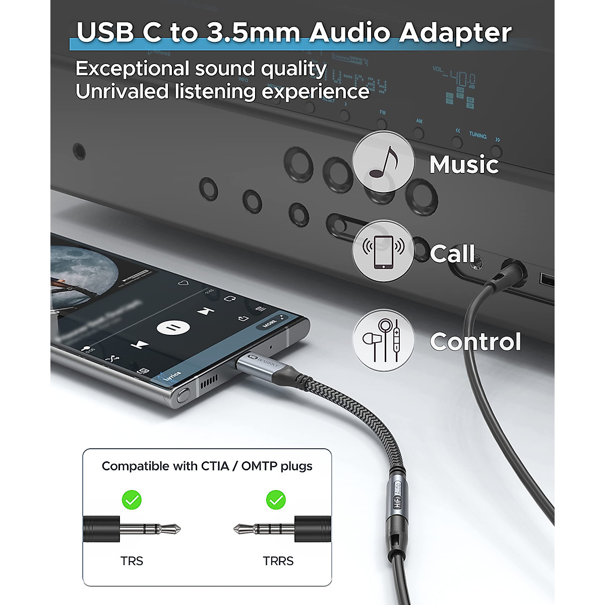 Warrky USB C to 3.5mm Audio Headphone Adapter【Flawless 24bit Hi-Res Sound Quality】 Type-C to Headphone Jack Compatible with Samsung Galaxy S22/S21/S20 Plus, Pixel 6/5/4, iPad Pro, Motorola, OnePlus