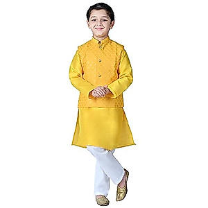 Vaanee Designz Boys' Ethnic Wear Waistcoat Kurta Pyjama Set 7 Years-8 Years Yellow
