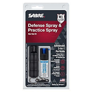 SABRE Self Defense Spray, 3-in-1 Formula Contains Max Strength Pepper Spray, CS Military Tear Gas & UV Marking Dye, Quick Release Key Ring for Easy Carry, Finger Grip for More Accurate Aim, 0.54 fl oz