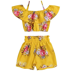 BOEBNOZCV Toddler Baby Girl Floral Halter Ruffled Outfits Set Yellow Strap Crop Tops+ Shorts Pants Summer Clothes Set