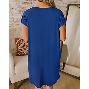 BTFBM Women V Neck Short Sleeve Summer Dresses Beach 2025 Spring Casual Loose Tunic Short T-Shirt Dress Pajamas Pockets(Blue, XX-Large)