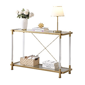 Sybrioka Glass Console Tables for Entryway Living Room, Acrylic Gold Sofa Side Table Metal Leg, Long Narrow Entryway Table with Storage for Small Space Hallway(Golden, Entryway Table)