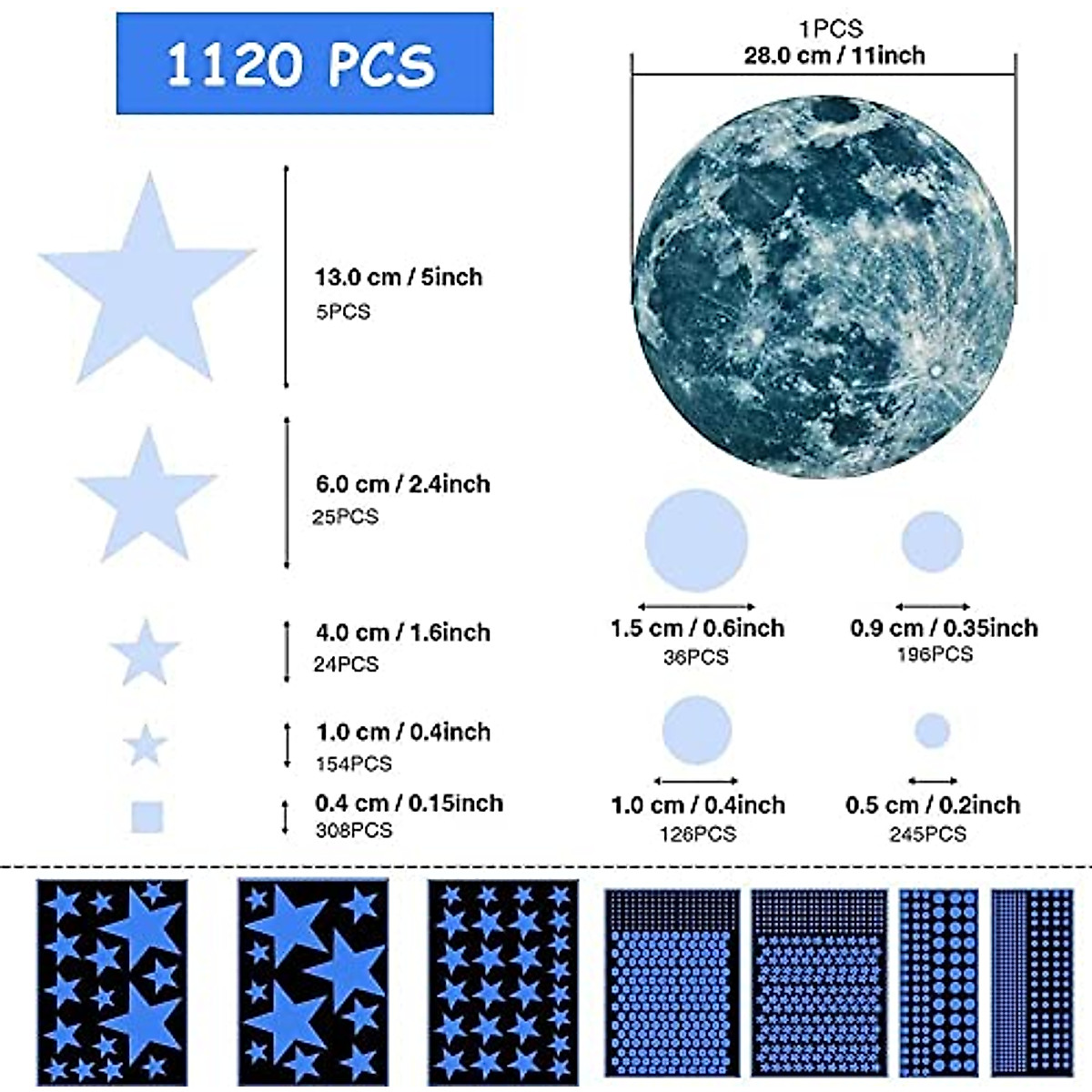Glow in The Dark Stars for Ceiling, 1120PCS Airsnigi Glow in The Dark Wall Decals Long-Lasting Glowing Star Wall Stickers Perfect Gifts for Kids Room Decor, Halloween, Christmas - Blue