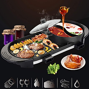 Electric Grill Hot Pot 2 in 1, Indoor Smokeless Grill Teppanyaki Grill w/ Non Stick Pan Shabu Shabu with Black