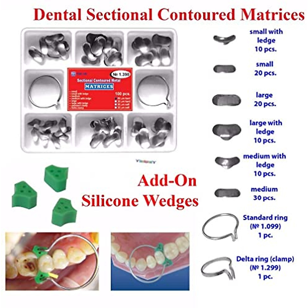 Tazrigo 100Pcs/Set Dental Sectional Contoured Matrices Matrix Ring Delta with 40Pcs Add-On Wedge