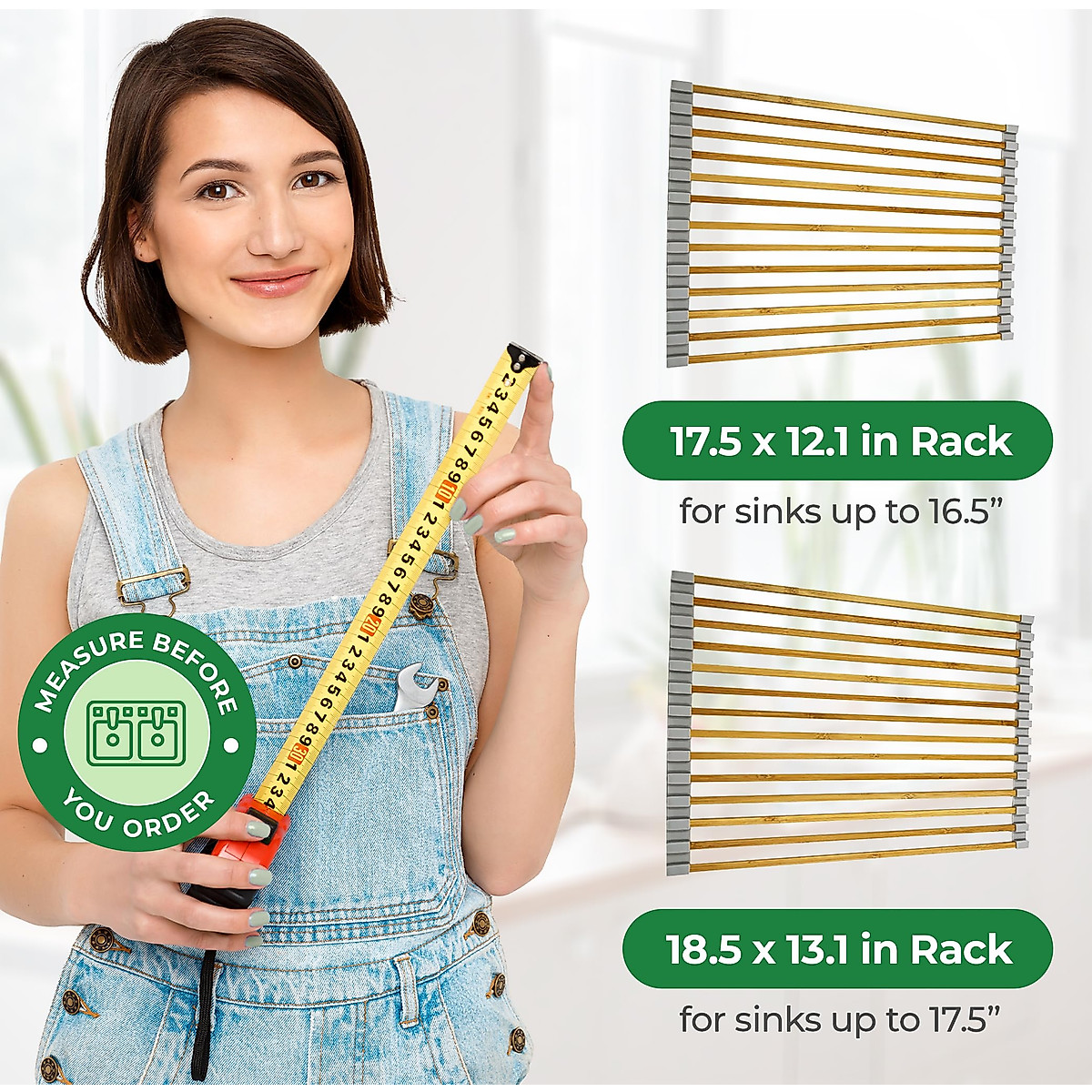 AIRNEX Bamboo Sink Drying Rack, Roll Up Dish Drying Rack Over The Sink Kitchen, Wooden Over The Sink Drying Rack for Kitchen Sink, Roll Out Sink Drainers, Kitchen Sink Accessories (17 x 12 in)