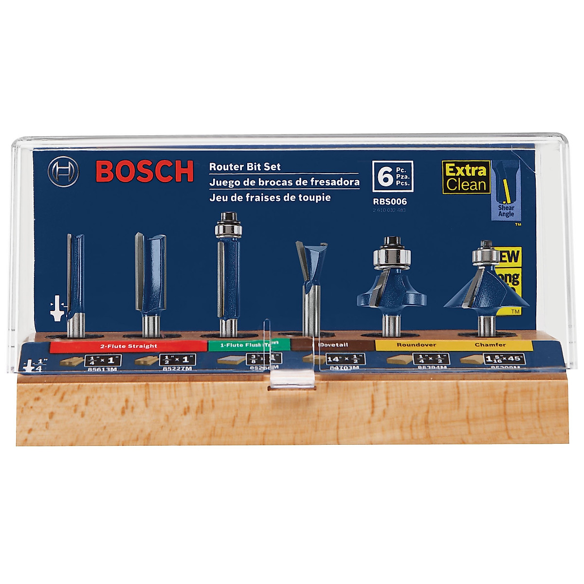 BOSCH RBS006 6-Piece 1/4 In. Shank Carbide-Tipped Multi-Purpose Router Bits Assorted Set with Included Storage Case for Applications in Straight, Trimming, Decorative Edging, Dovetail Joinery