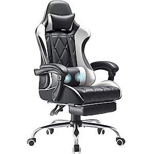 Shahoo Gaming Chair with Footrest and Massage Lumbar Support, Ergonomic Computer Seat Height Adjustable with 360°Swivel and Headrest, White