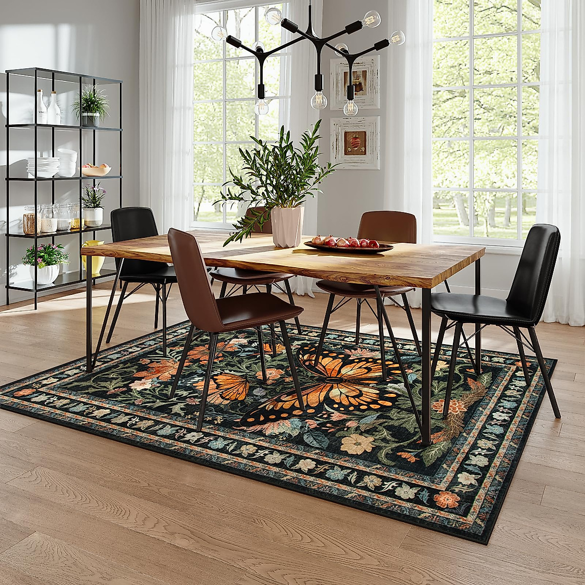 Wonnitar Butterfly Area Rug for Bedroom, 5x7 Black Rug for Living Room Washable Floral Rug, Boho Dining Room Rugs for Under Table Stain Resistant Floor Carpet for Entryway Playroom