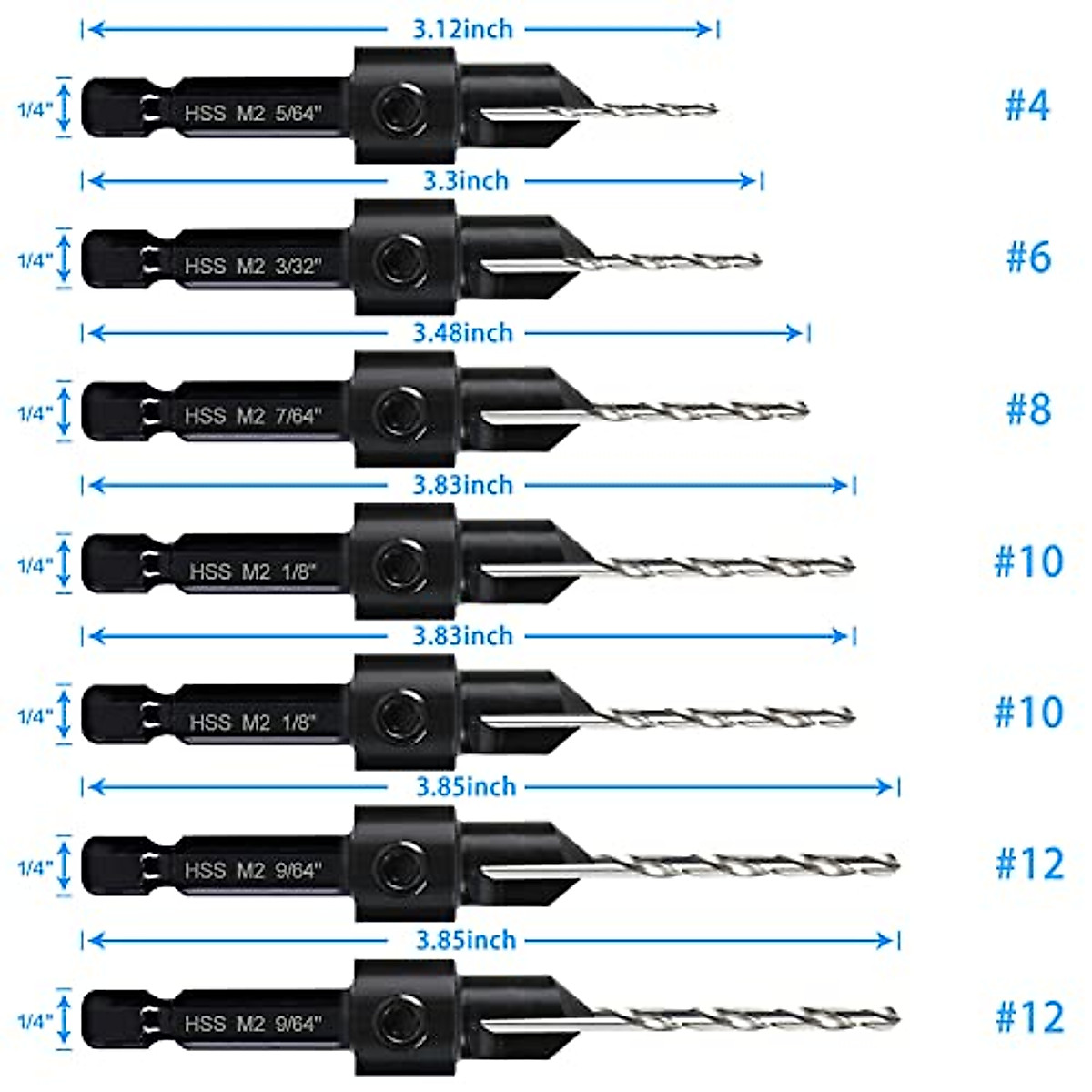 7 Pcs M2 Countersink Drill Bit Set, 3in1 Wood Pilot Countersink Drill Bits for #4#6#8#10#12 Screws Holes, with Adjustable Depth Stop,Quick Release Hex Shank, 2-Allen Wrench
