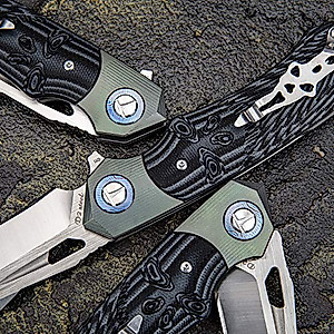 NEWOOTZ Skull Theme Folding Pocket Knife with Leather Sheath, Handmade Titanium Damascus Steel Decoration Handle,4in 58-60HRC Blade, EDC Cool Outdoor Tanto Point Knives for Men Women