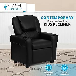 Flash Furniture Vana LeatherSoft Kids Recliner with Cup Holder, Headrest, and Safety Recline, Contemporary Reclining Chair for Kids, Supports up to 90 lbs., Black