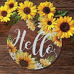 CHDITB Sunflower Welcome Sign Wreath (12''x12''), Rustic Wooden Hello Front Door Decoration Wall Hanging, Round Sunflower Wreaths for Front Door Home Office Farmhouse