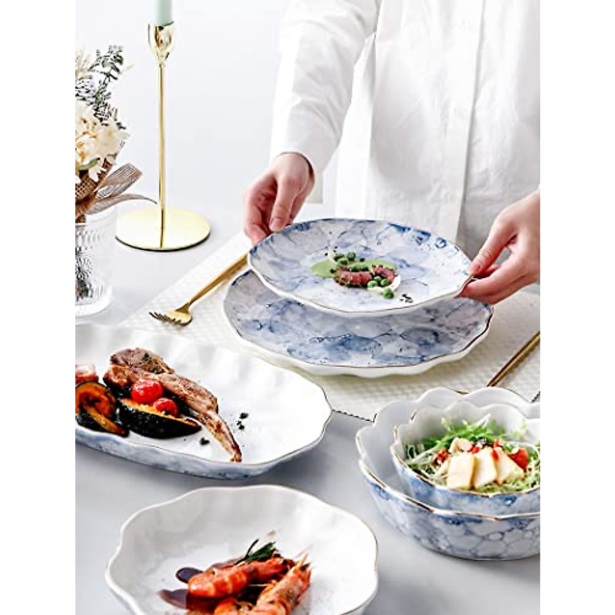 8 Inches Froth Pattern Design Ceramic Dinner Plates-Set of 2-Blue&White Kitchenware