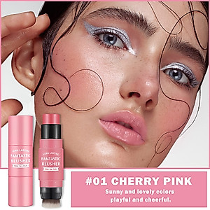 Cream Blush Stick with Brush,Waterproof Blush Makeup,Long Lasting 3 In 1 Cheek Blush & Lip Tint & Eye Shadow Makeup Stick,Easy To Use Blends Effortlessly,Cream Blush Makeup for All Skin Tones - Cherry Pink