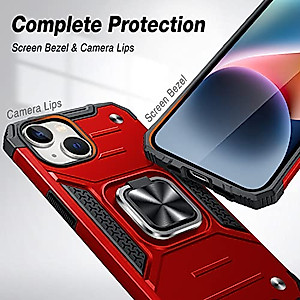 JAME for iPhone 14 Case with Screen Protector [2 PCS], Shockproof Bumper Case for iPhone 14 Case for Women & Men, Heavy-Duty Protection with Metal Ring Kickstand Case for iPhone 14, Red