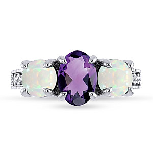 GEMVIO Collection Three Stone Design,Centre 7X5MM Oval Cut Natural Amethyst & 5MM Side Natural White Opal Gemstone With Diamond Engagement Ring In 14K White Gold Over Sterling Silver (1.50 Cttw)-7.5