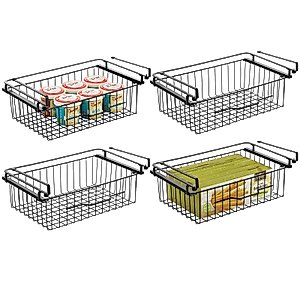 mDesign Large Metal Wire Hanging Pullout Drawer Basket - Sliding Under Shelf Storage Organizer - Attaches to Shelving - Easy Install - 4 Pack - Black