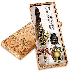 Feather Pen Set,Calligraphy Fountain Dip Feather Pen and Ink Set for Writing,Christmas Gift for Handwriting Lovers Birthday Gift,Luxury Vintage Signature Pen-Grey