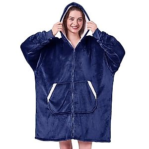 JOYWOO Wearable Blanket Hoodie, Oversized Hooded Blanket for Adult, Birthday Gifts for Women Men, Cozy Fuzzy Sherpa Sweatshirt Blanket with Giant Pocket and Zipper, Navy Blue