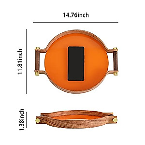 DalimFun Reversible Glass Serving Tray with Wooden Handles for Coffee Table, Vanity, Jewerly, Perfume and Make up Decorative Tray, Orange