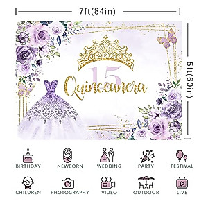 Rsuuinu Quinceañera 15th Birthday Backdrop Purple Floral Rose Gold Spots Photography Background Mexico Flower Fifteen Crown Princess Birthday Party Decorations Banner Supplies Photo Booth Props 7x5ft