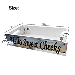 Lnond Rustic Bathroom Decor Box, Bathroom Toilet Tank Tray Storage Basket, Hello Sweet Cheeks Bathroom Wooden Toilet Paper Basket with Handle (Blue and Brown)