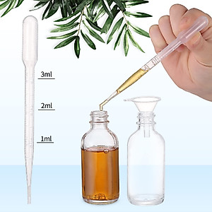 72, 2oz Small Clear Glass Bottles with Lids Boston Round Sample Bottles for Essential Oil Vanilla Hot Sauce Juice Whiskey Bourbon Liquid come with 5 Funnels,5 Droppers,72 Labels,1Brush&Chalk Marker