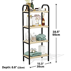 BENOLDY 4-Tier Metal Frame Bathroom Storage Shelf with Waterproof Varnished Pine Wood Shelves, Modern Space Saving Organizer for Bathroom, Kitchen, Bedroom, Office, Hallway