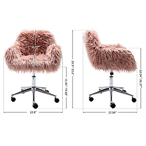 Modern Swivel Vanity Chair with Wheels for Bedroom Pink Faux Fur Desk Chair for Makeup Room Cute Upholstered Accent Swivel Chair for Living Room Small Home Office
