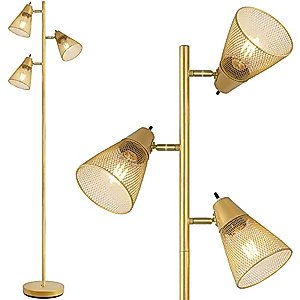 Industrial Floor Lamp,Standing Lamp,Gold Tree Floor Lamp with 3 Adjustable Rotating Lights, Independent Control, 3PCs LED Bulb Included, Tall Pole Lamps for Living Room, Bedroom, Home, Office