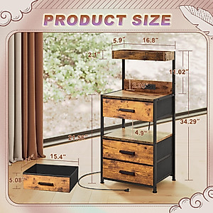 NASHZEN Nightstand 3 Drawer Dresser with LED Lights and Charging Station, Vertical Side Table with Fabric Drawers, End Table, Bedside Table and Dresser for Bedroom, Hallway, Entryway (Rustic Brown)