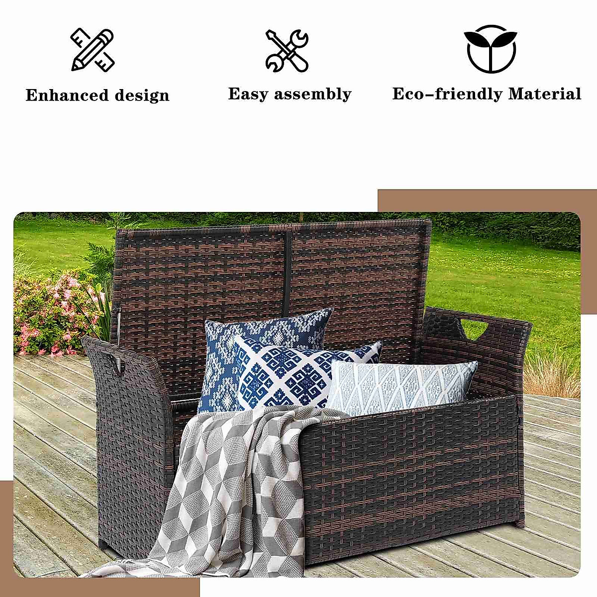 FRITHJILL Wicker Storage Bench with Cushion, Outdoor Patio Rattan Deck Box, 33 Gallon Storage Trunk Organizer Ottoman