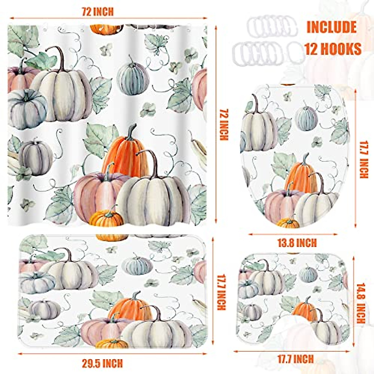 WILLBOND 4 Pcs Fall Shower Curtain Sets with Rugs Thanksgiving Watercolor Pumpkin Set Non Slip Toilet Lid Cover and Bath Mat 72 x Inches Hooks for Bathroom