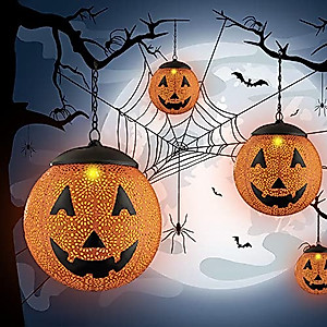 Halloween Solar Hanging Lights Outdoor - Garden Solar Metal Lantern Decor, Solar Powered Led Waterproof Decorative Round Hanging Light for Yard, Patio, Pathway, Porch