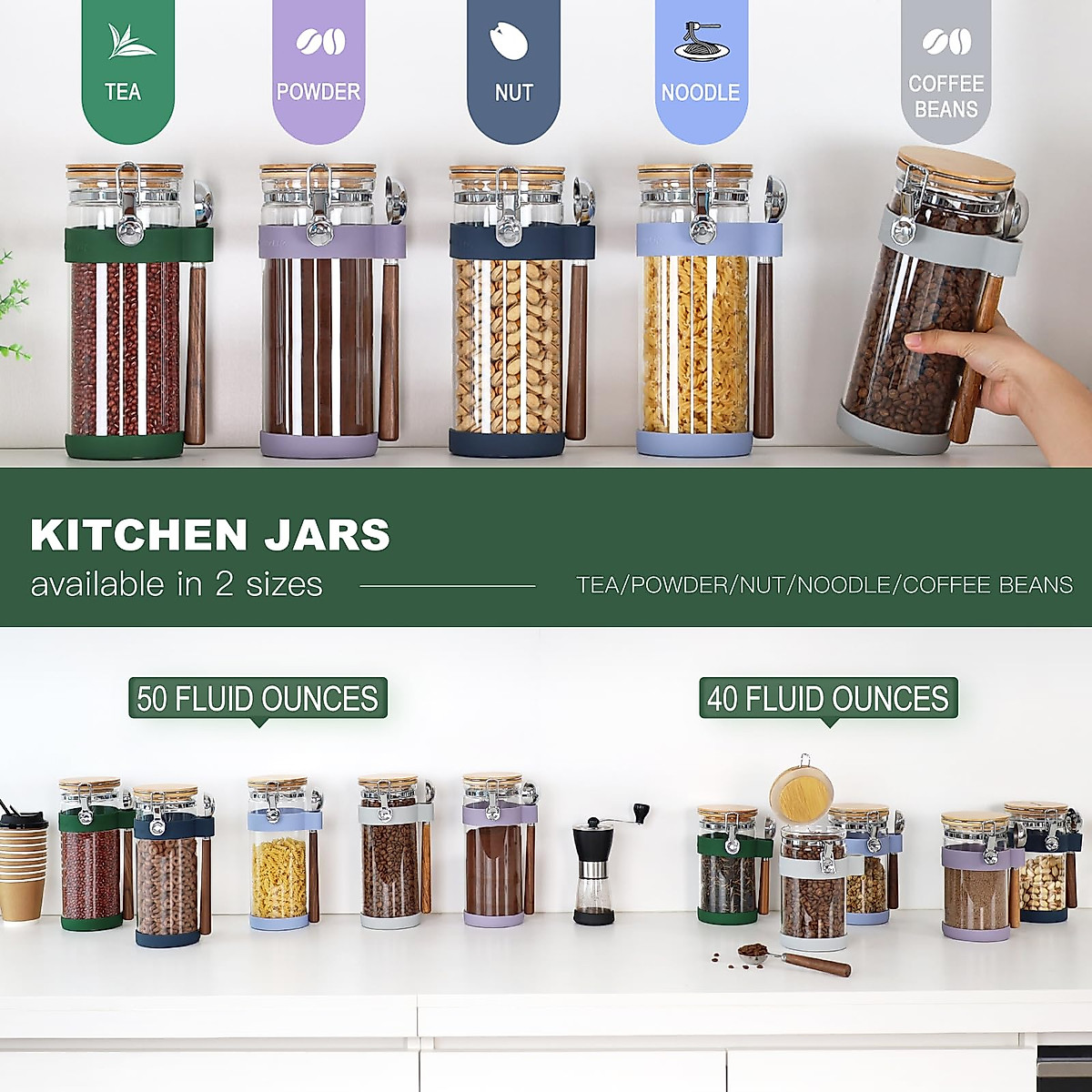 MR.BLACAT KKC Home Accents Clear Visible Glass Coffee Storage Jars with Bamboo Clamp Lid, Airtight Canister for Sugar,Salt,Coffee Beans,Loose Leaf Tea,Nuts,Pantry Organization – 50 Fl. Oz,Purple