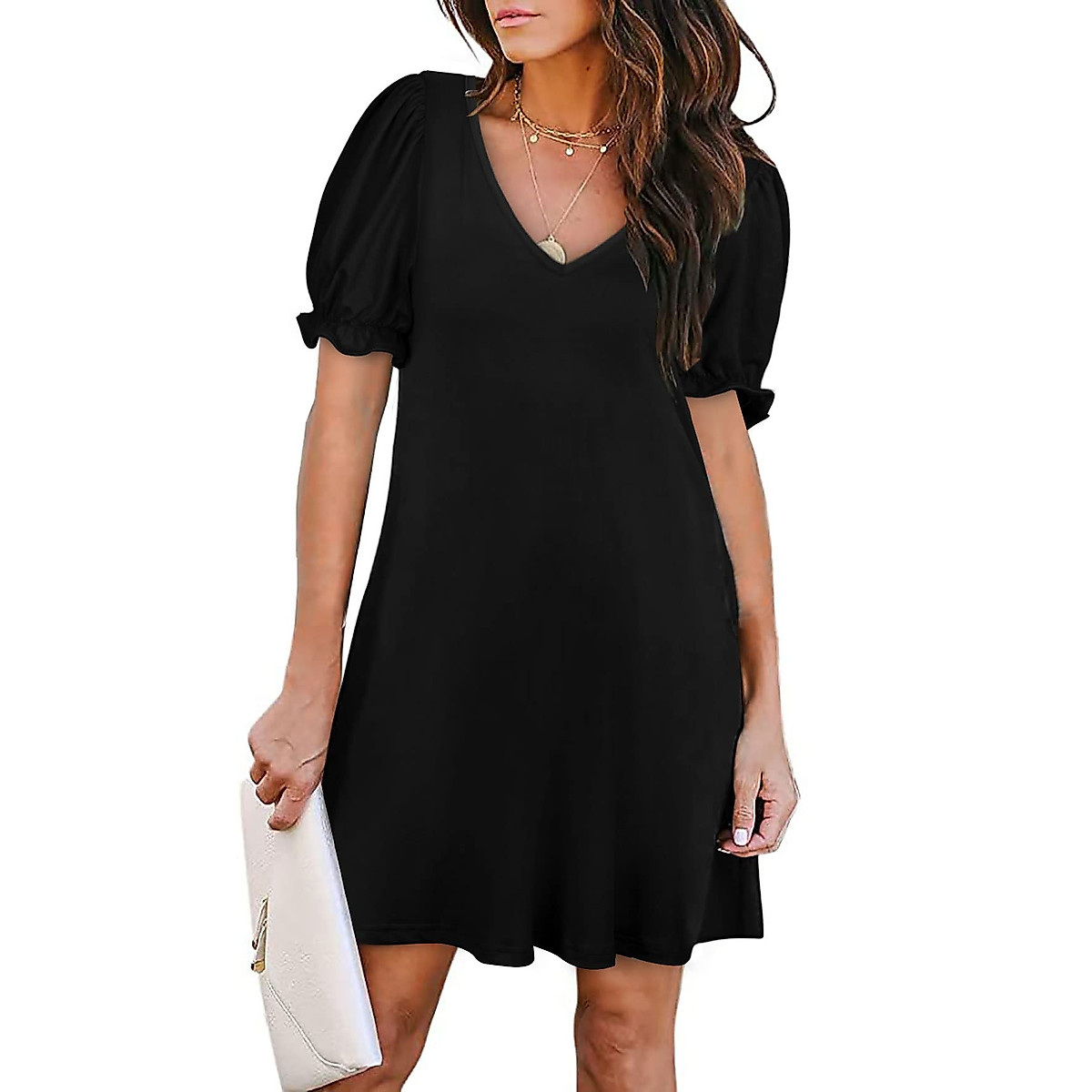 Aloodor Dresses for Women 2025 V Neck Puff Sleeve Summer Dress Ladies Black L