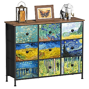 EXOTICA Van Gogh 9 Drawers Dresser Wide TV Stand Colorful Dressers & Chest of Drawers Enterway Furniture for Bedroom Living Room Hallway Closets Steel Frame Wood Top