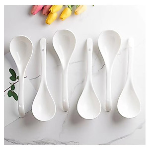 Soup Spoons, Asian Soup Spoons, Chinese Soup Spoons, Ceramic Spoons White Japanese Spoon Large for Dumpling Wonton Ramen Pho Miso, Deep Oval Hook Design, Set of 6